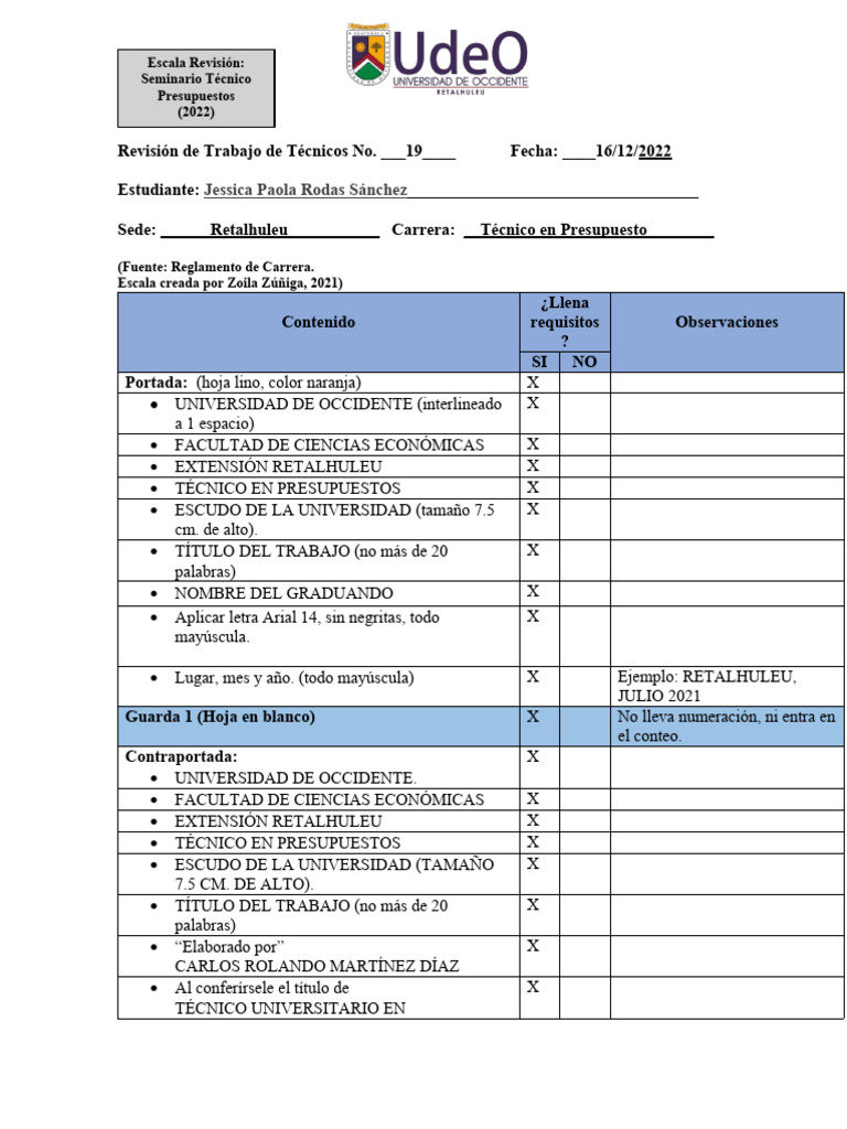 Escala de Revisión de Técnicos en Presupuestos Jessica Paola | PDF