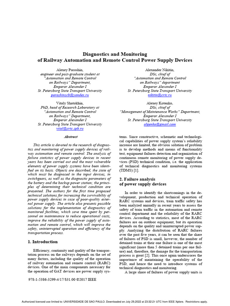 Diagnostics and Monitoring of Railway Automation and Remote Control Power Supply Devices ...