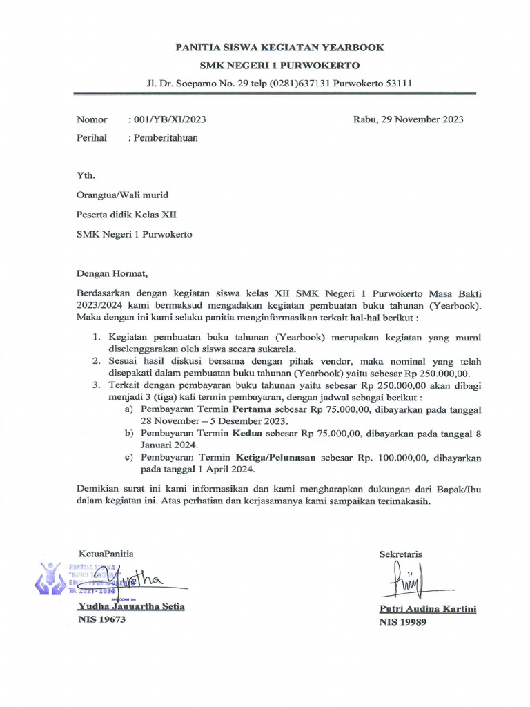 Surat Pemberitahuan Orang Tua YB - 0001 | PDF Surat Pemberitahuan Orang Tua YB - 0001 | PDF