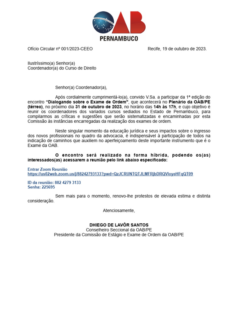 Ofício Circular 001 CEEO OAB PE | PDF
