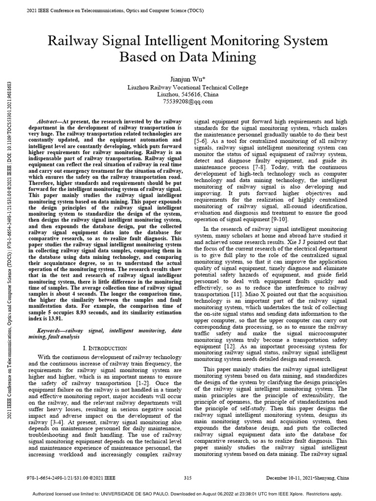 Railway Signal Intelligent Monitoring System Based On Data Mining | PDF | Databases | Rail Transport