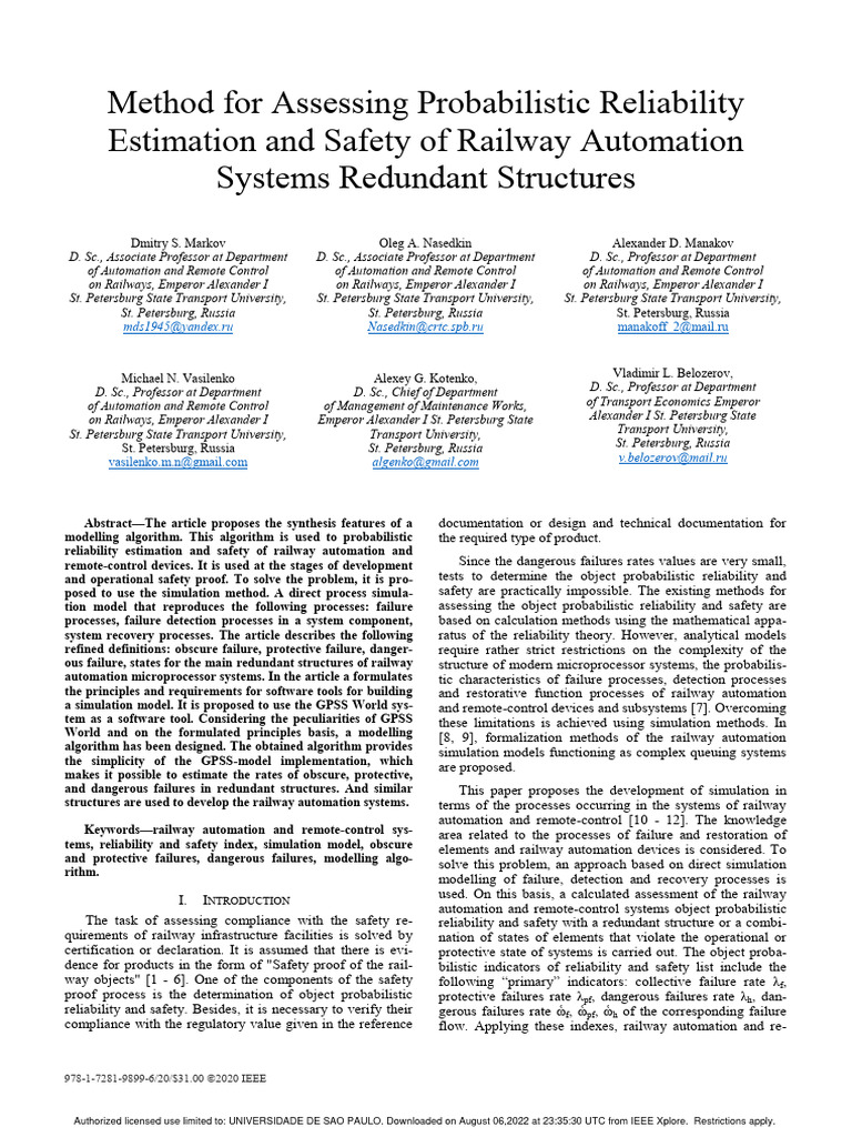 Method For Assessing Probabilistic Reliability Estimation and Safety of Railway Automation ...