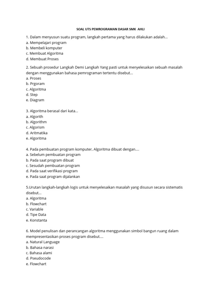 Soal UTS Pemrograman Dasar SMK | PDF