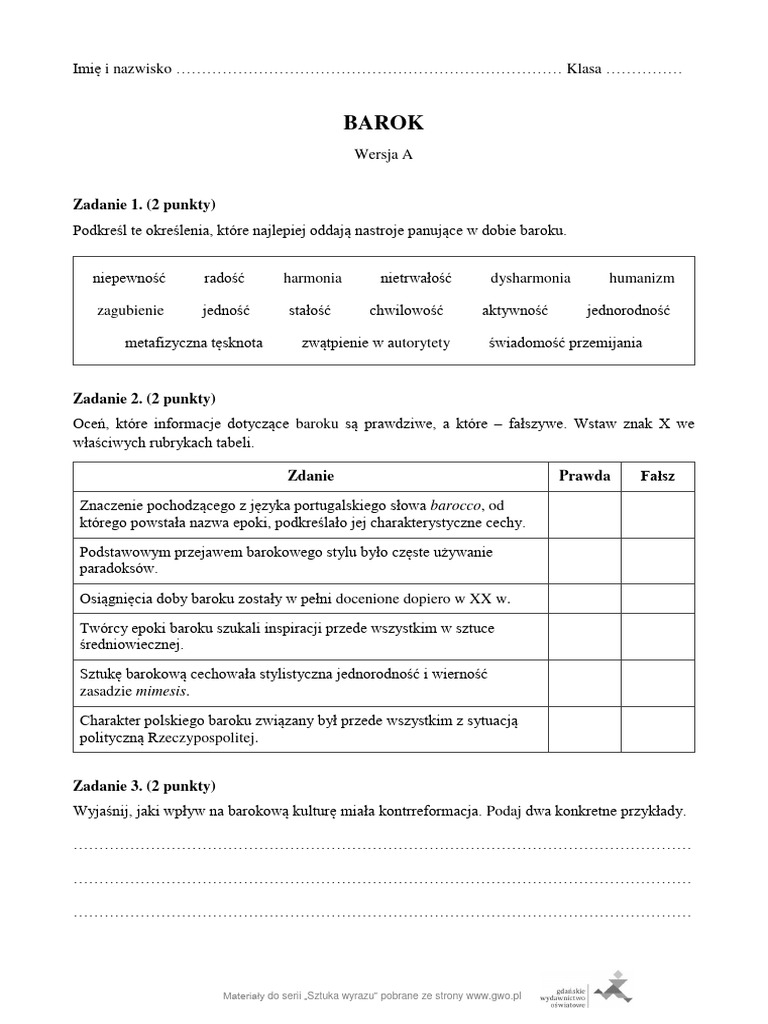 8 Barok - Powtórzeniowa Karta Pracy | PDF