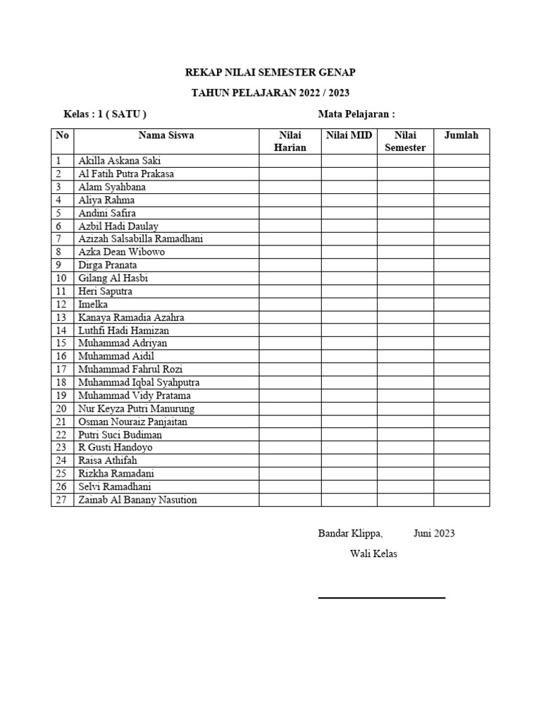 Rekap Nilai Semester Genap | PDF