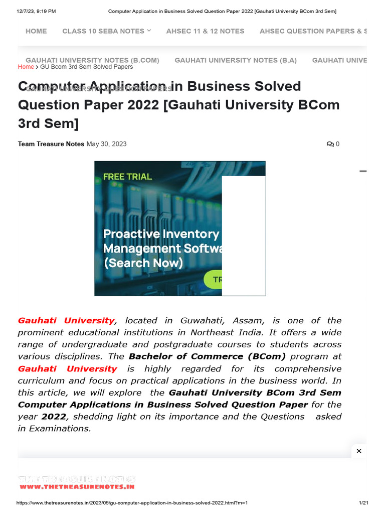 Computer Application in Business Solved Question Paper 2022 (Gauhati University BCom 3rd Sem ...
