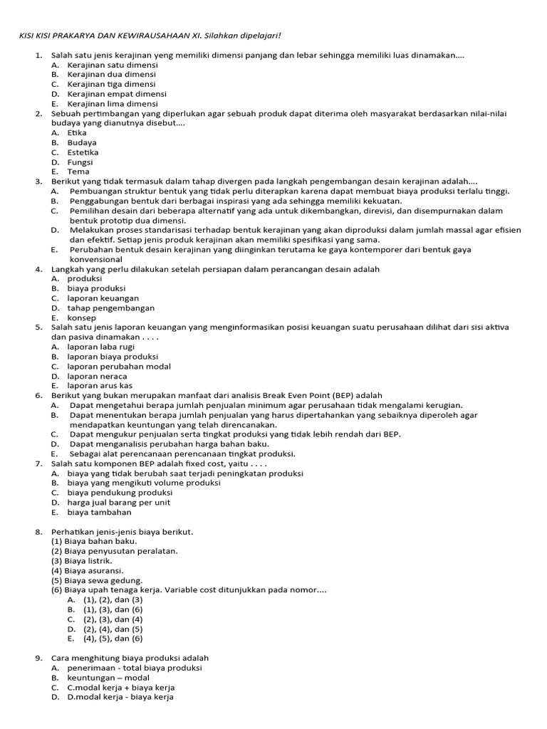 Kisi Kisi Pkwu Kelas Xi | PDF