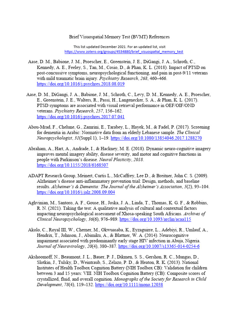 Brief Visuospatioal Memory Test (BVMT) References | PDF | Alzheimer's ...