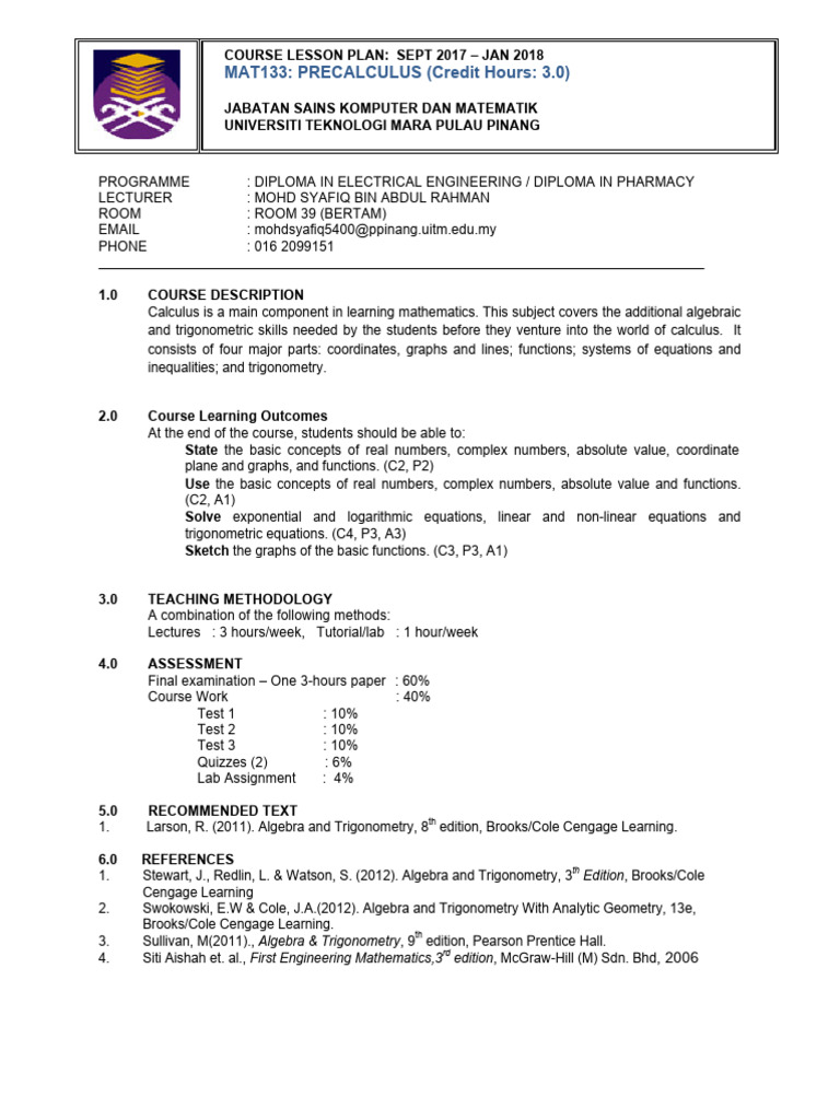 Lesson Plan MAT133 | PDF | Trigonometric Functions | Equations