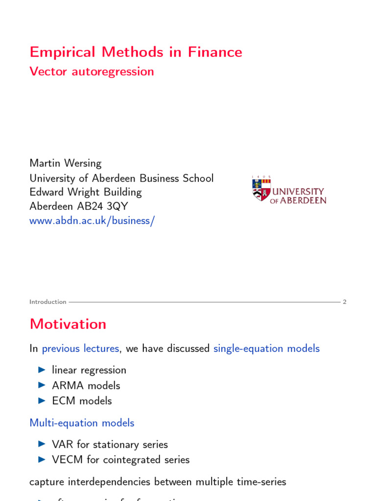 Fi4003 Lec Vector Autoregression Pdf Vector Autoregression