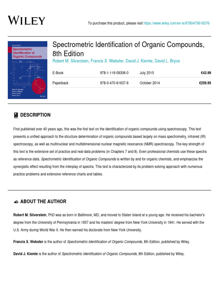 Wiley - Spectrometric Identification of Organic Compounds, 8th Edition - 978-0-470-61637-6 | PDF ...