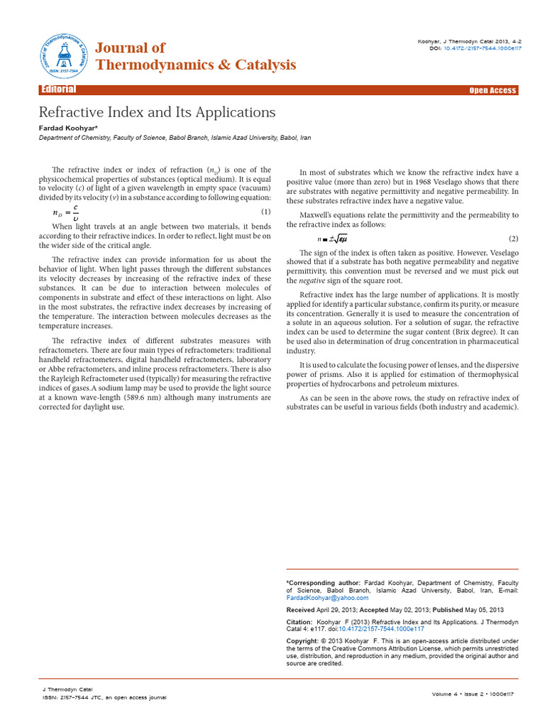 Refractive Index And Its Applications 2157 7544 1000e117 Pdf