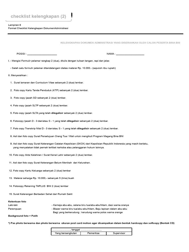 Checklist Dokumen Bina BNI | PDF