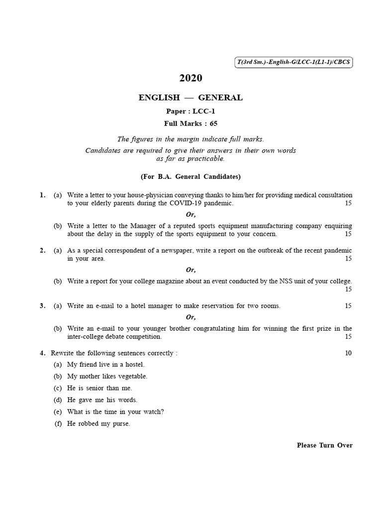 CU-2020 B.A. (General) English Semester-III Paper-LCC-1 QP | PDF