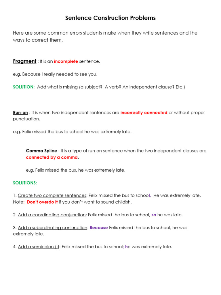 Sentence Construction Problems | PDF | Linguistics | Grammar