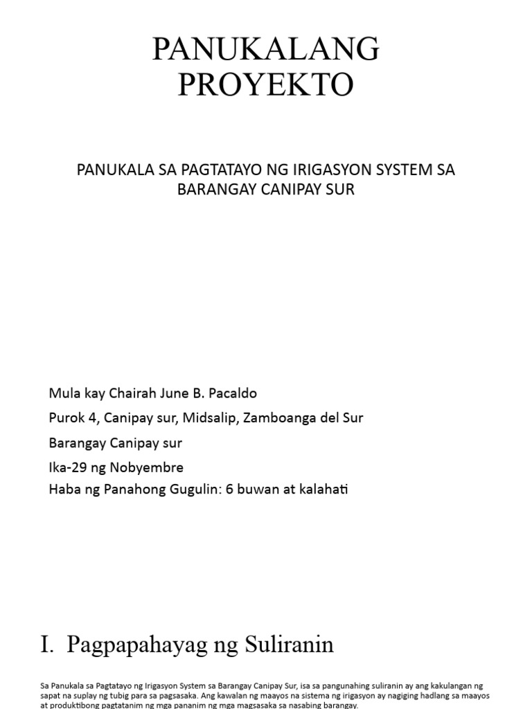 Panukalang Proyekto: Panukala Sa Pagtatayo NG Irigasyon System Sa ...