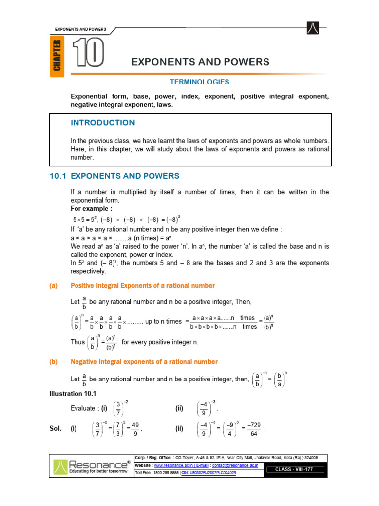 10-Exponents and Powers Theory VIII Maths | PDF | Exponentiation | Mathematical Notation