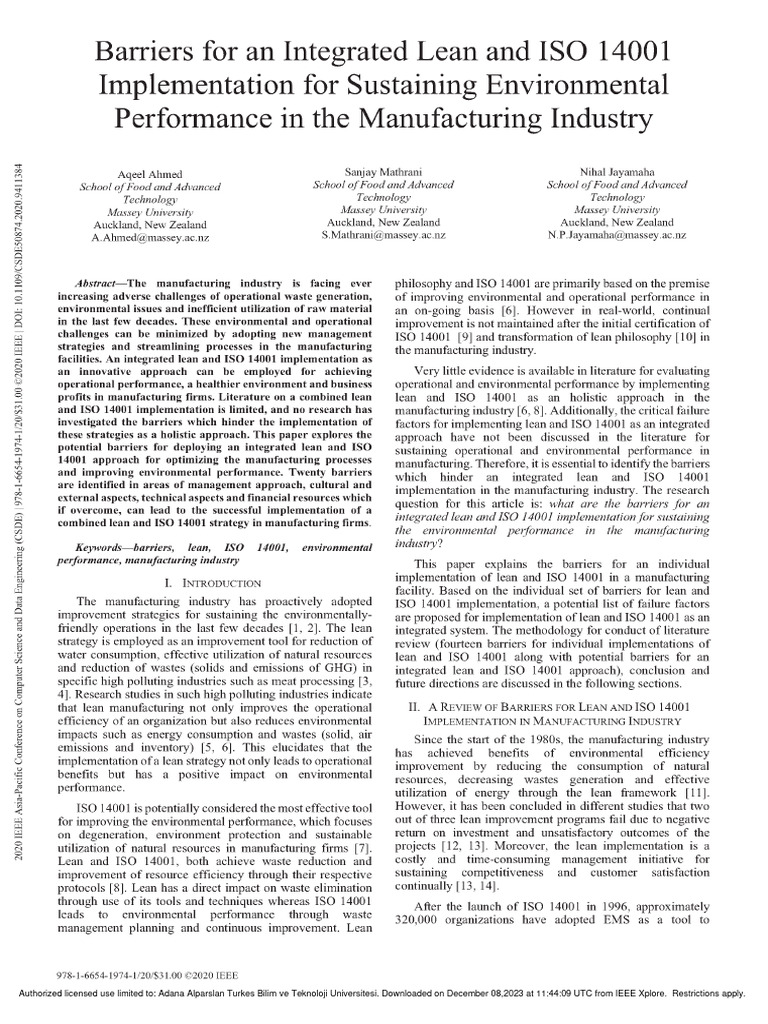 Barriers For An Integrated Lean and ISO 14001 Implementation For Sustaining Environmental ...