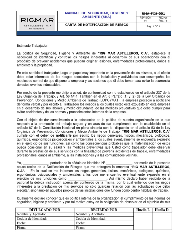 RMA-FGS-001 Carta de notificacion de riesgos | PDF RMA-FGS-001 Carta de notificacion de riesgos | PDF