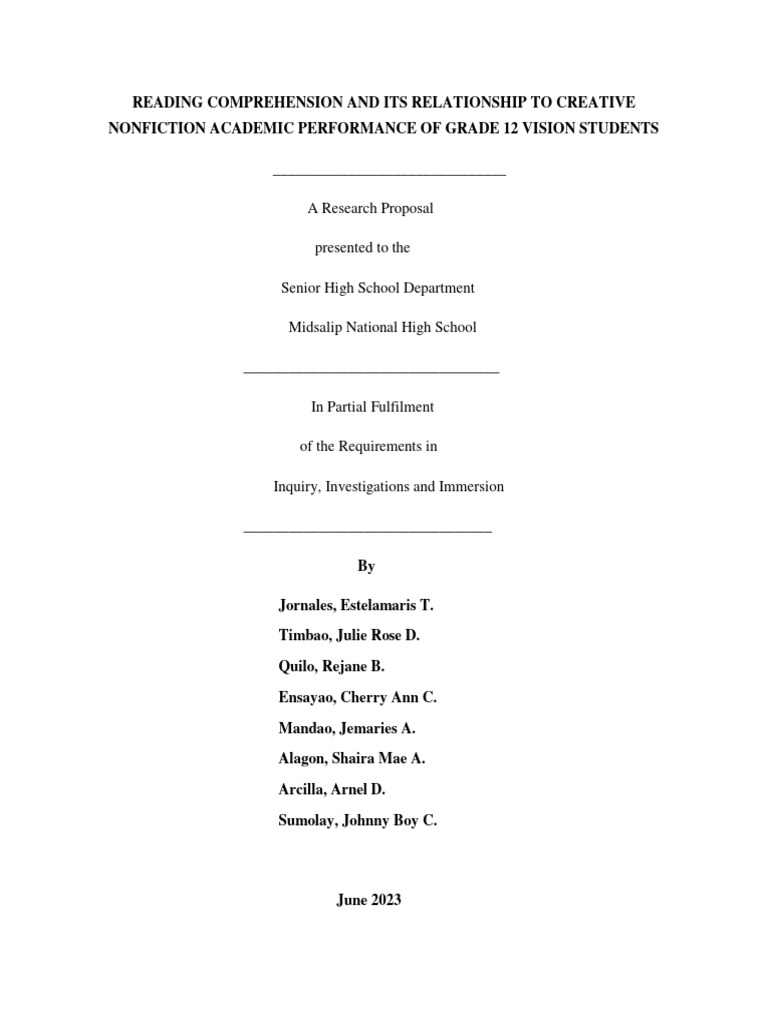 Reading Comprehension and Its Relationship To Creative Nonfiction Academic Performance of Grade ...