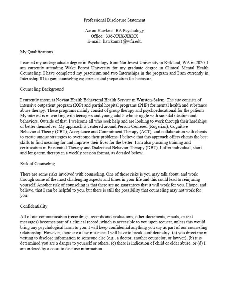 Professional Disclosure Statement | PDF | Psychotherapy | Dialectical ...