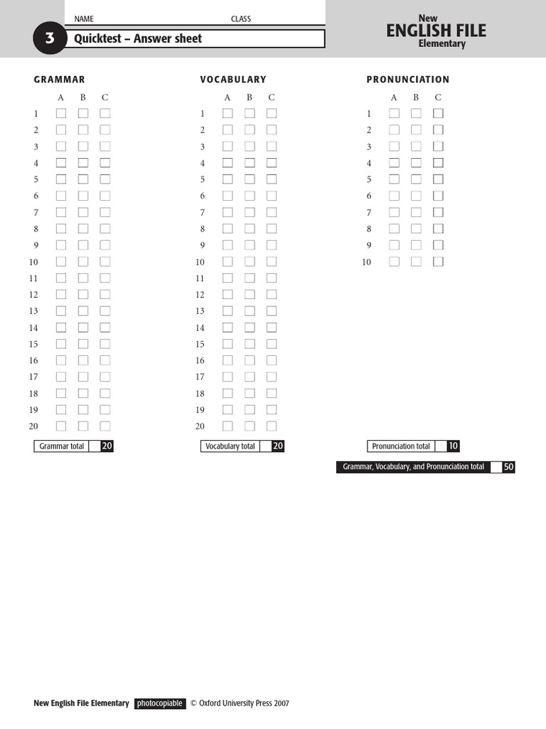 Nef Elem Quicktest 03 Answersheet | PDF