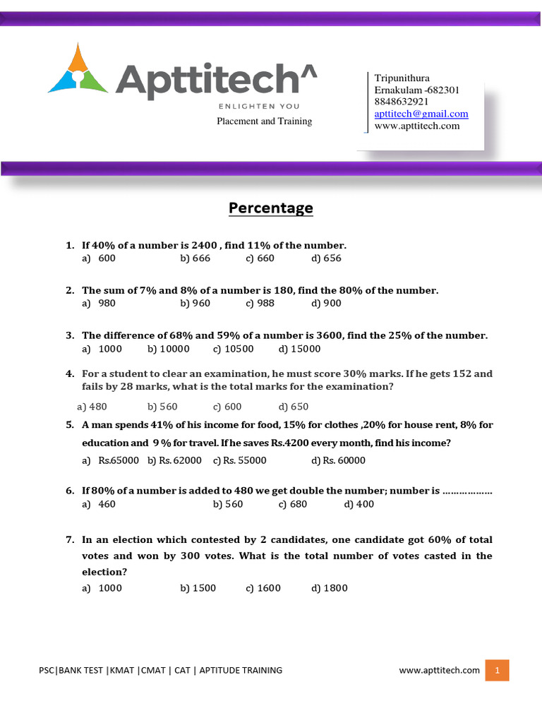 Percentage Aptitude Practice Questions | PDF | Salary | Economies
