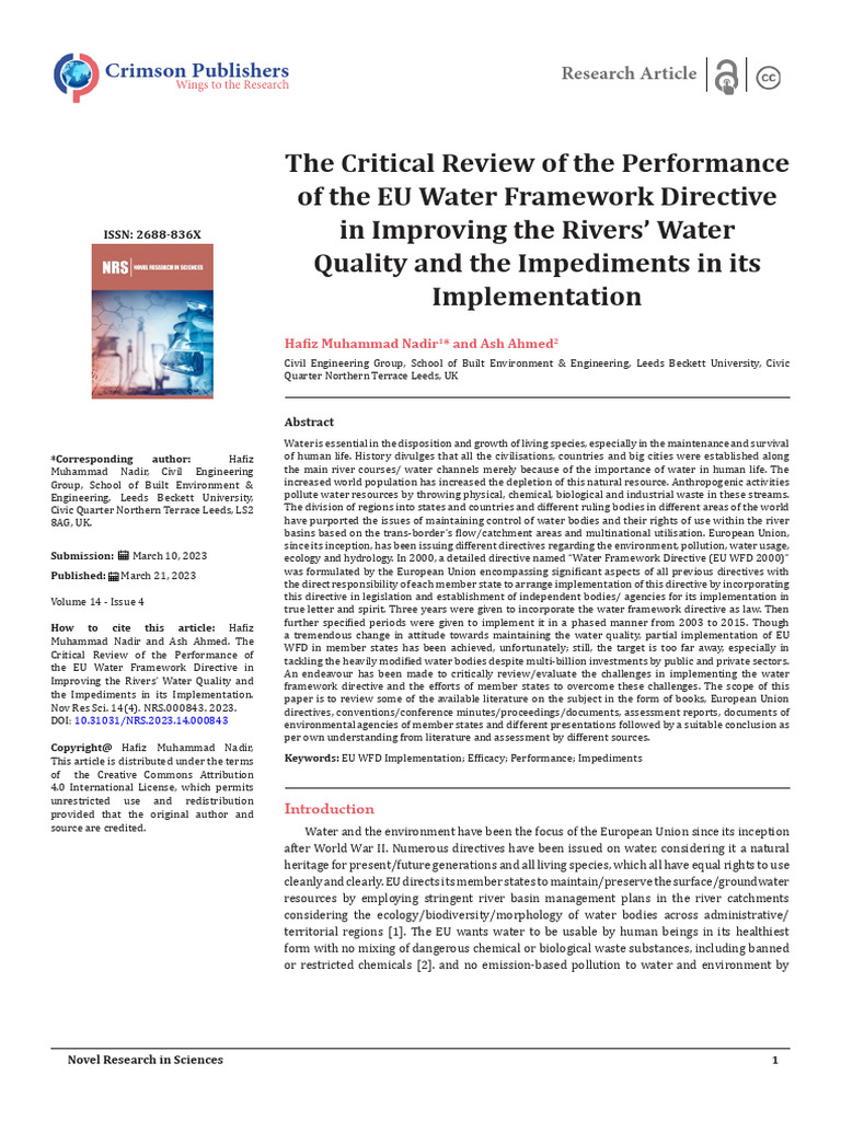 The Critical Review Of The Performance Of The Eu Water Framework Directive In Improving The
