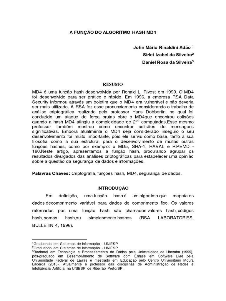A Função Do Algorítimo HASH MD4 | PDF | Criptografia | Matemática aplicada