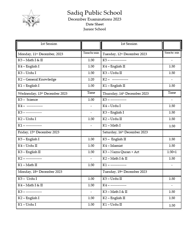 JR - School Date Sheet Dec-23 | PDF