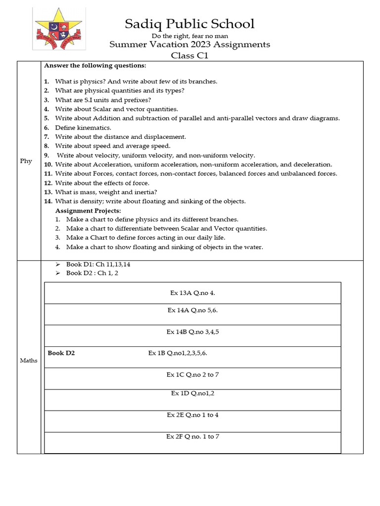 Class C1 Summer Assignments 2023 | PDF
