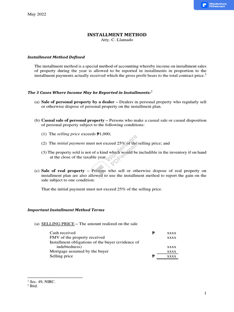 Installment Method | PDF | Stocks | Taxes