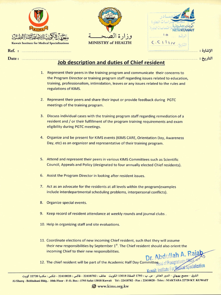 Job Description & Duties of Chief Resident | PDF
