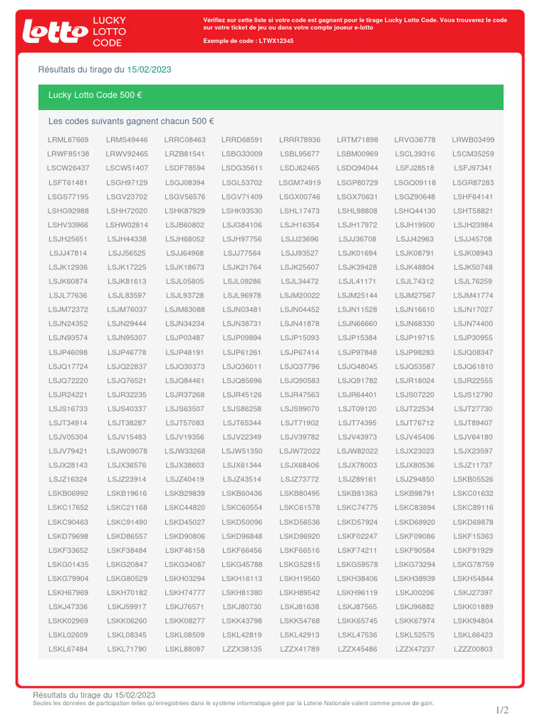 Lotto Lucky Lotto Codes Gagnants 20230215 | PDF