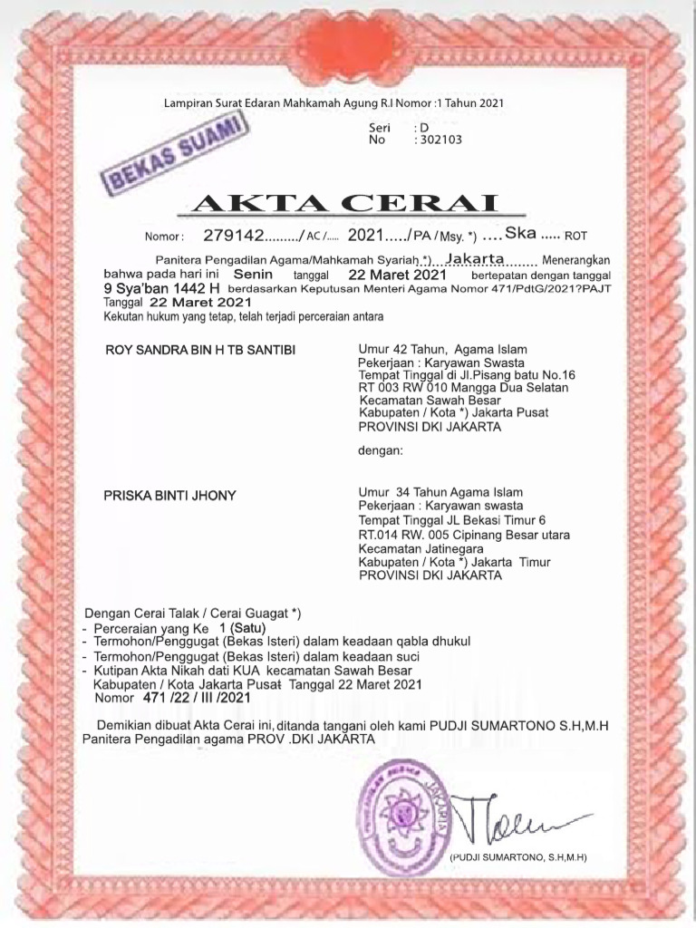 Contoh Akta Cerai 2021 DKI Jakarta | PDF