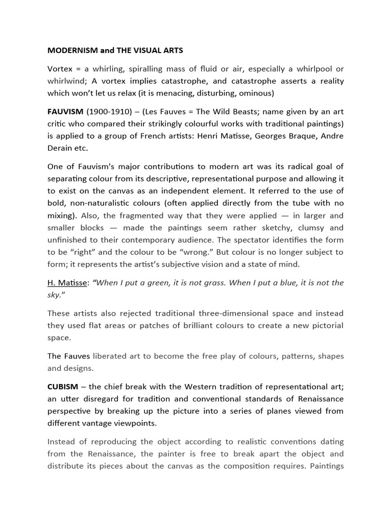 Cursul 2 - Modernism and The Visual Arts | PDF | Cubism | Unconscious Mind Cursul 2 - Modernism and The Visual Arts | PDF | Cubism | Unconscious Mind