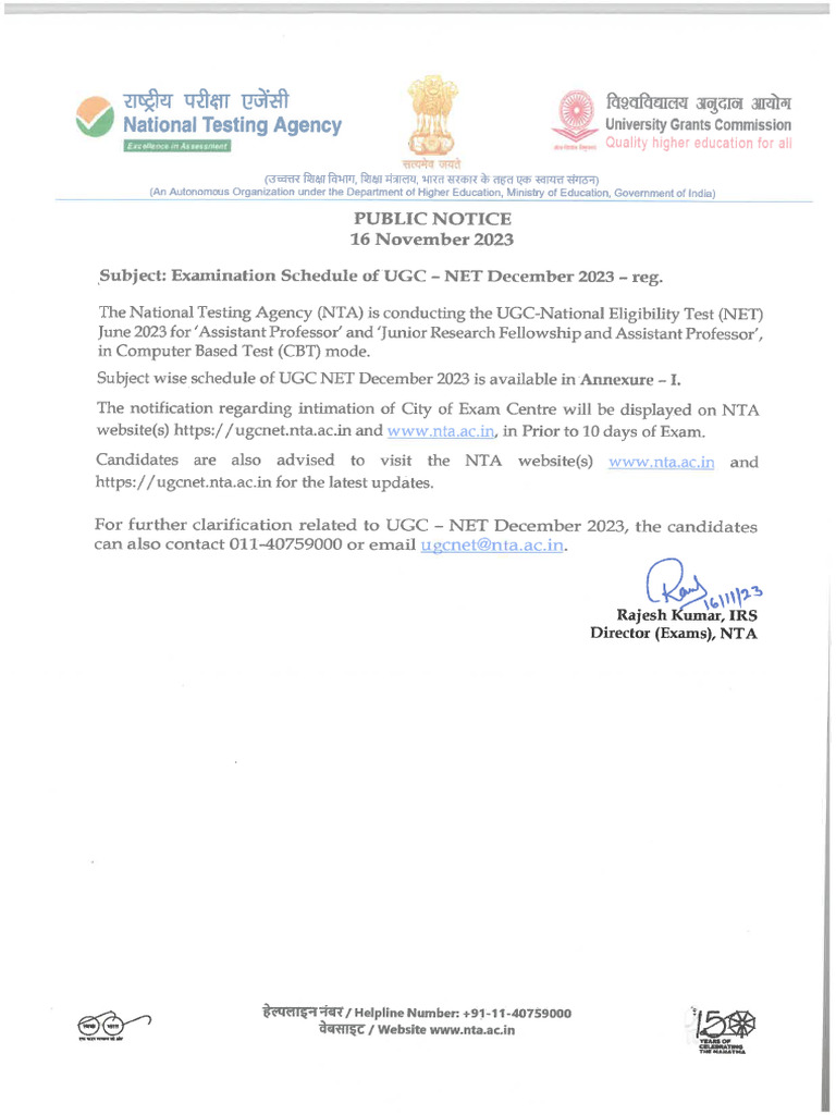 Public Notice For Schedule of Ugc Net December 2023 | PDF