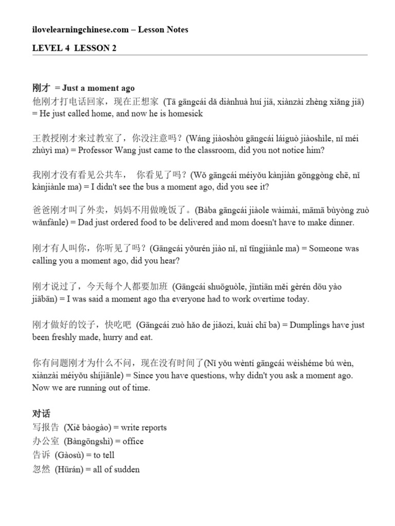 Level 4 Chinese Lesson 2 Notes | PDF