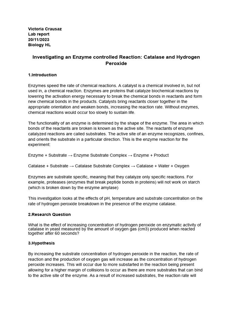 Investigating An Enzyme Controlled Reaction - Catalase and Hydrogen ...