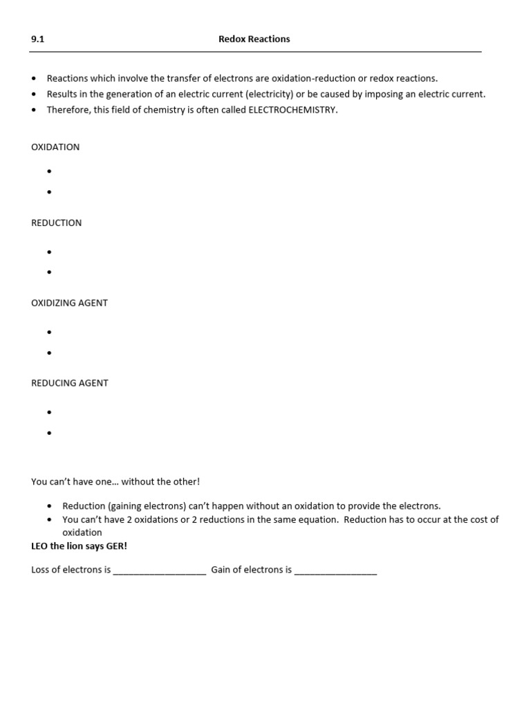 Chapter 9 Student Notes | PDF | Redox | Chemical Reactions