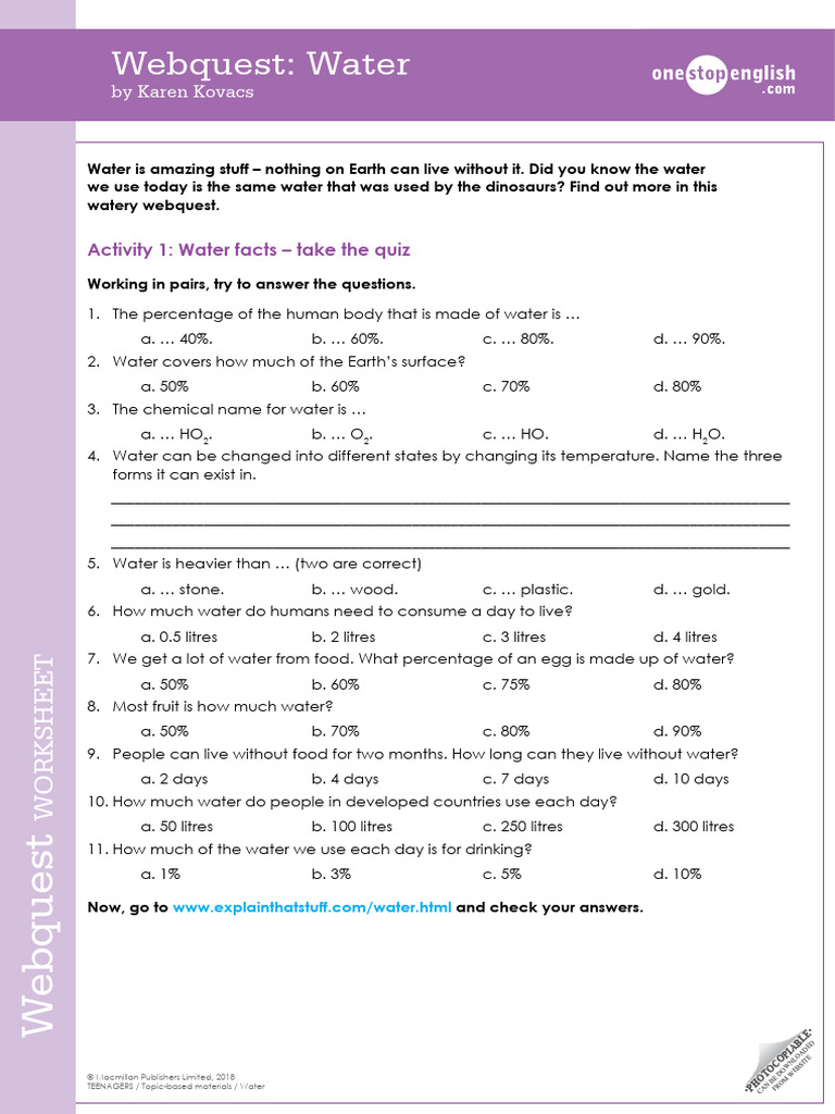 Water Webquest Worksheet | PDF | Water | Water Purification