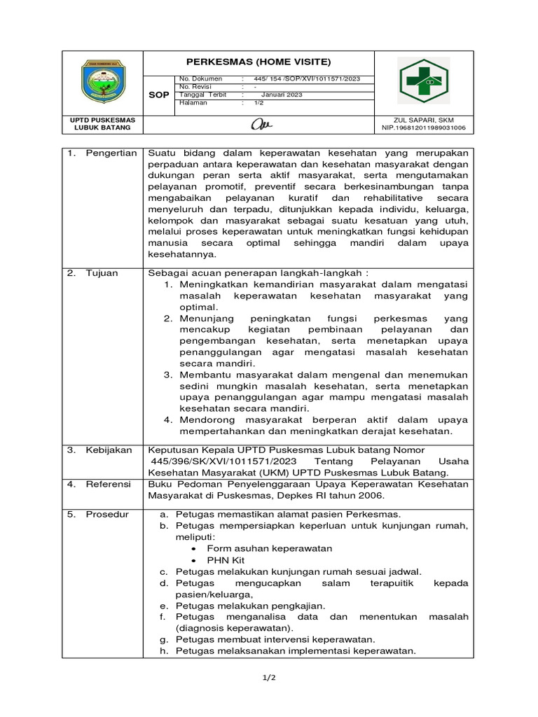 SOP Home Visit Perkesmas 2023 | PDF