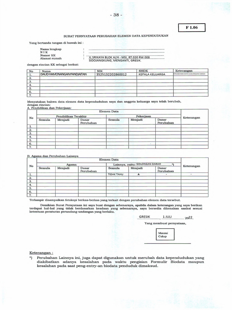 Panduan Pengisian Formulir F1.06 | PDF