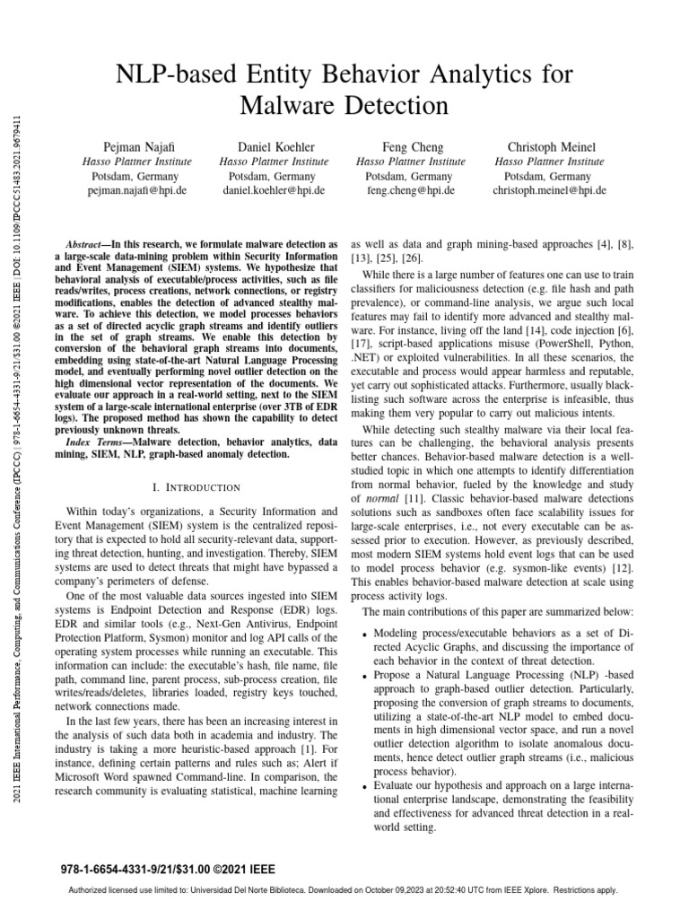 07 Art NLP-based Entity Behavior Analytics For Malware Detection | PDF | Malware | Outlier