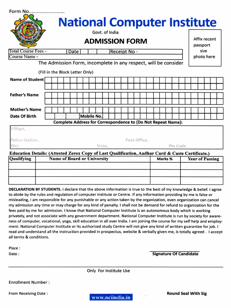 NCI Admission Form | PDF