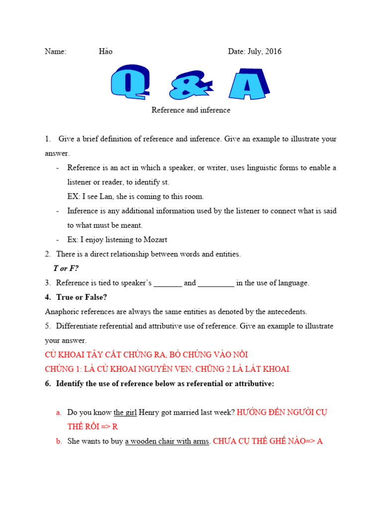 Exercises - Chapter 3 - Reference and inference | PDF