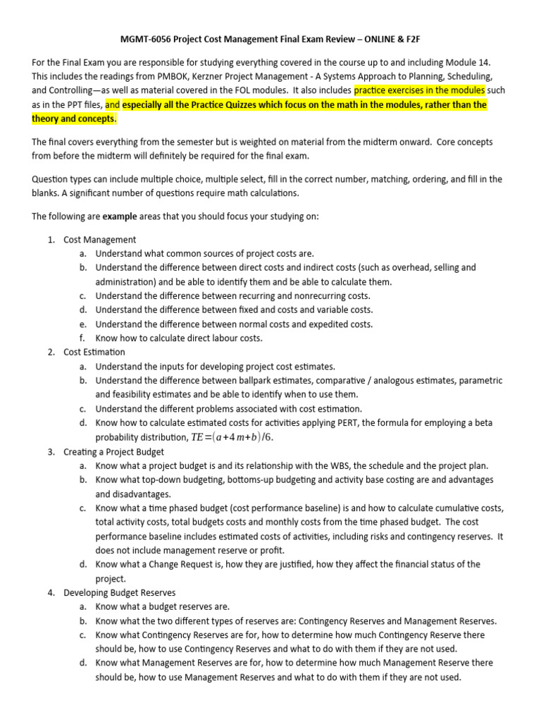 MGMT 6056 Project Cost Management Final Exam Review ONLINE & F2F ...