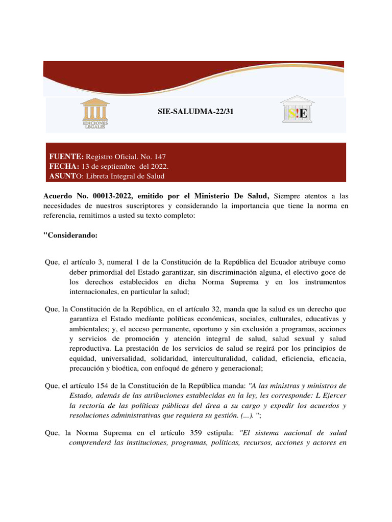 Libreta Integral de Salud LIS Acuerdo LIS 013-2022 Ok | PDF | El ...