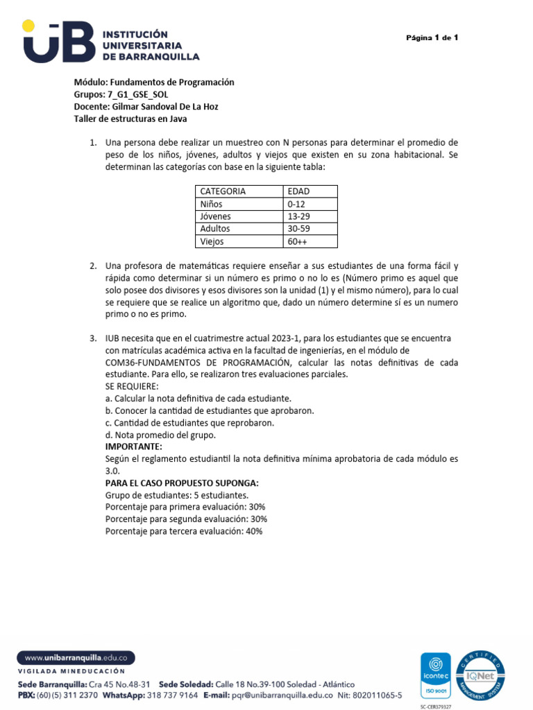 Taller Java: Promedios, Primos y Notas | PDF