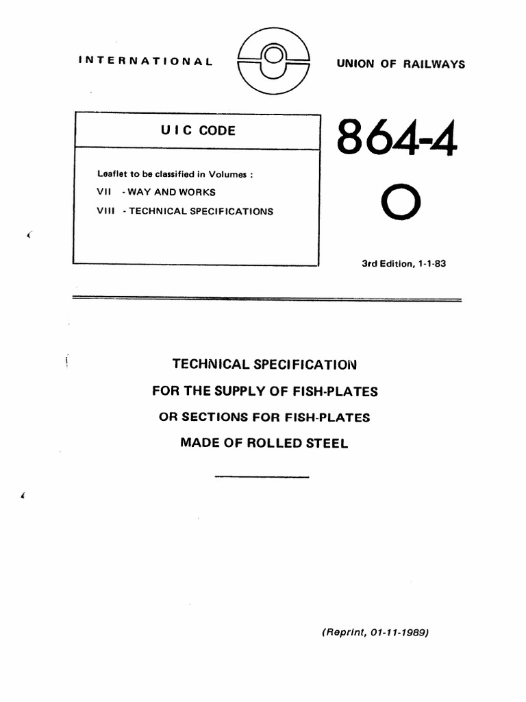 UIC 864-4 - 1983 Tech Spec of Supply Fish Plates | PDF